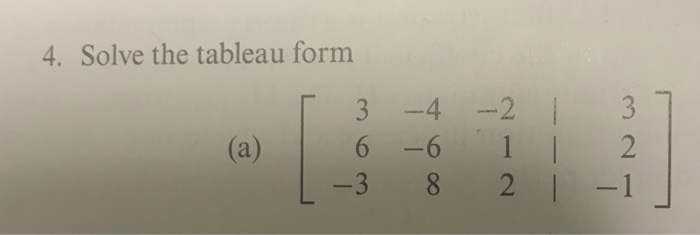 Solved 4. Solve the tableau form 3 -4 -23 6 -6 1 2 -3 8 2 | Chegg.com