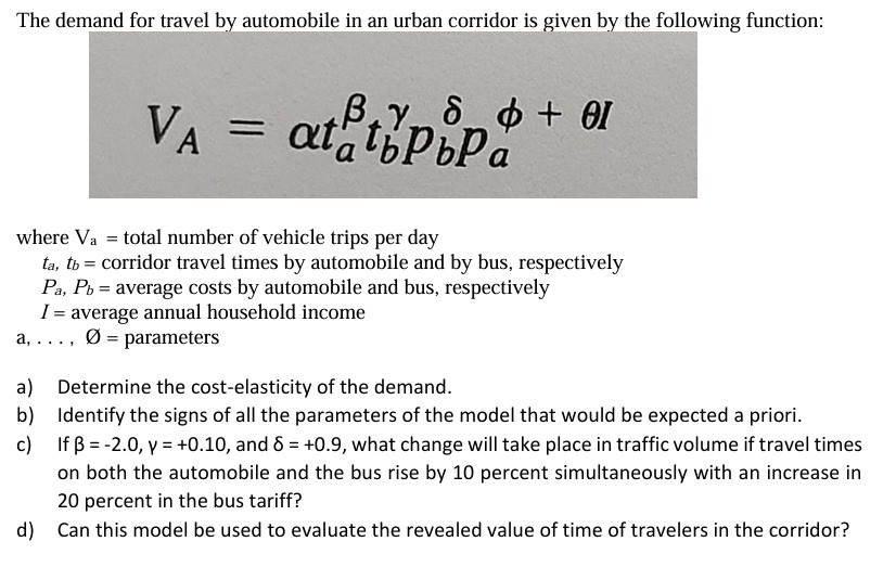 Solved The demand for travel by ﻿automobile in an ﻿urban | Chegg.com
