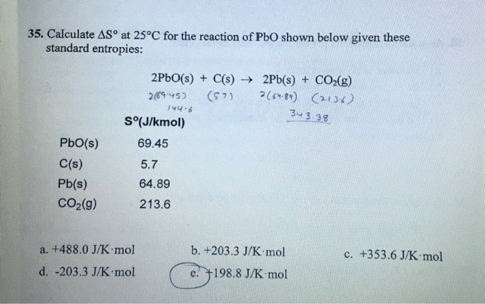 Solved 35. Calculate AS° at 25°C for the reaction of PbO | Chegg.com