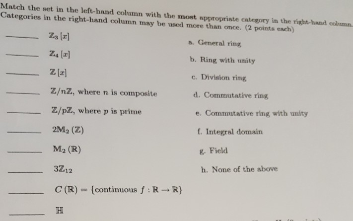Solved Match the set in the left-hand column with the most | Chegg.com