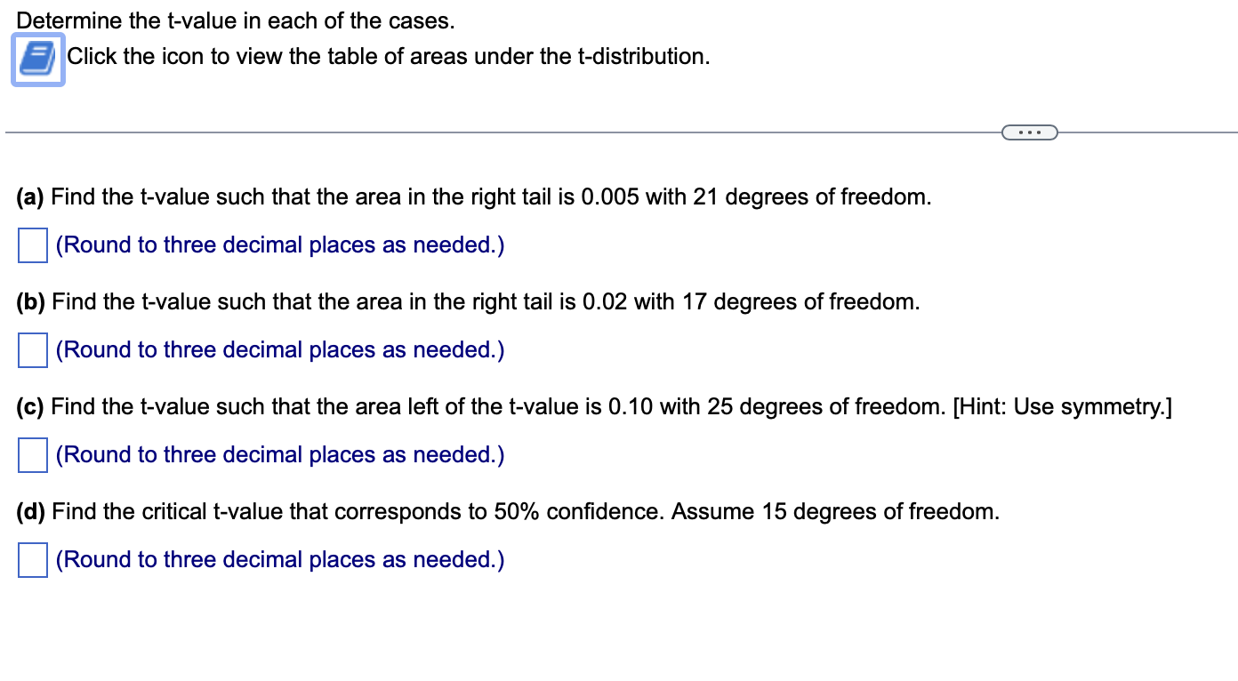 Solved Determine the t-value in each of the cases. Click the | Chegg.com