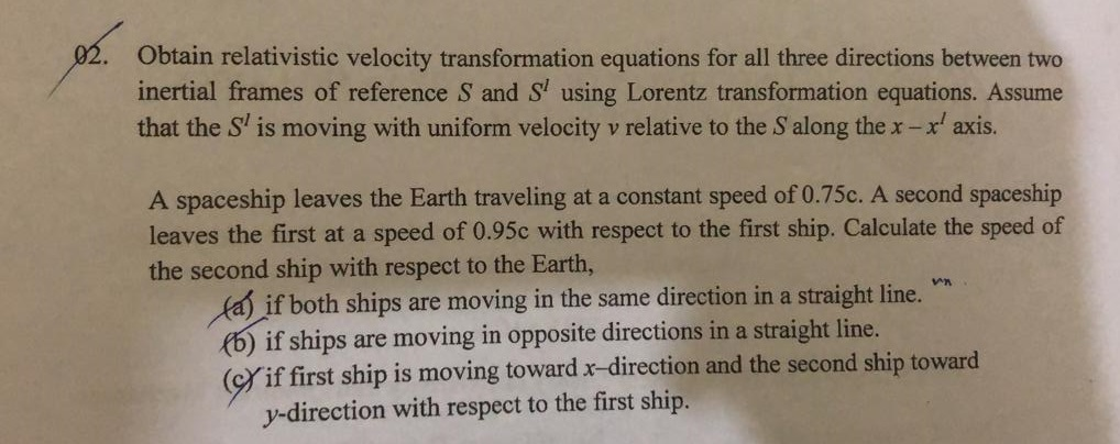 Solved 02. Obtain relativistic velocity transformation | Chegg.com