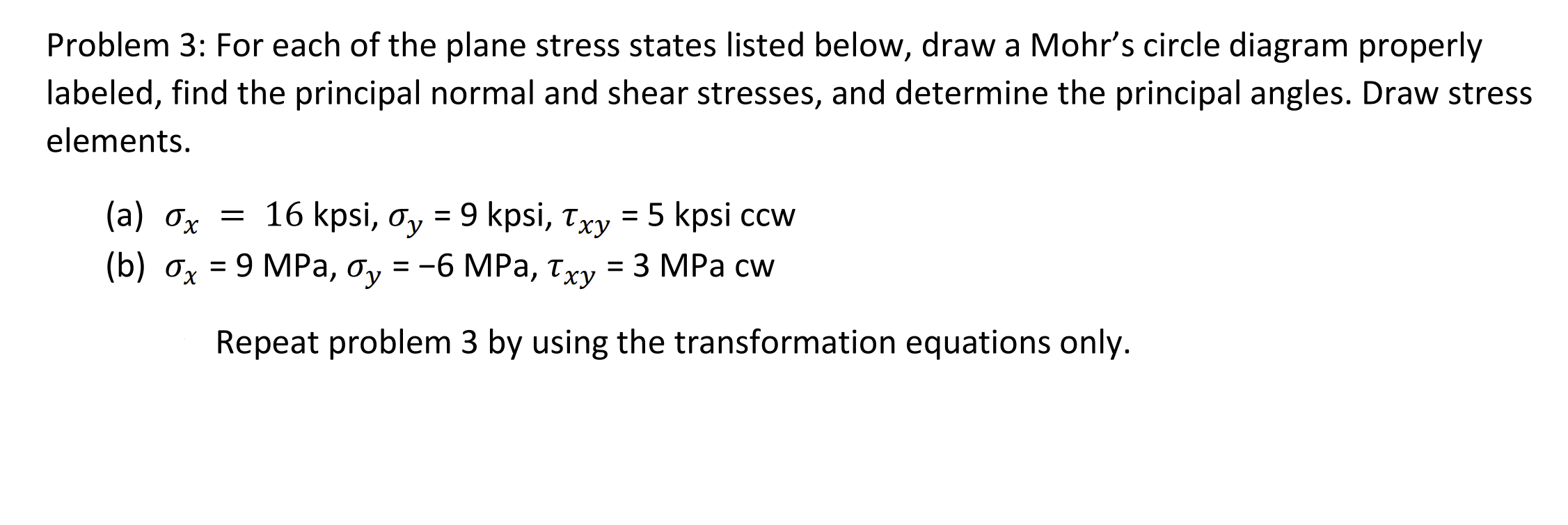 Solved Problem 3: For each of the plane stress states listed | Chegg.com