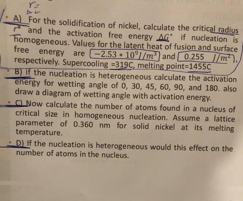 Solved ra A) For the solidification of nickel, calculate the | Chegg.com