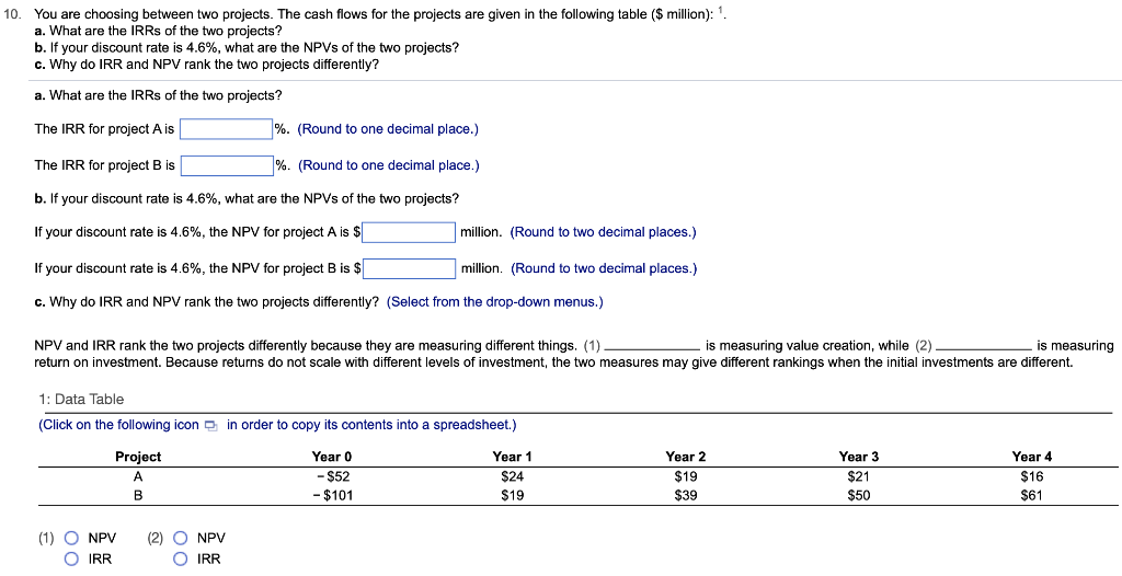 Solved 0. You are choosing between two projects. The cash | Chegg.com