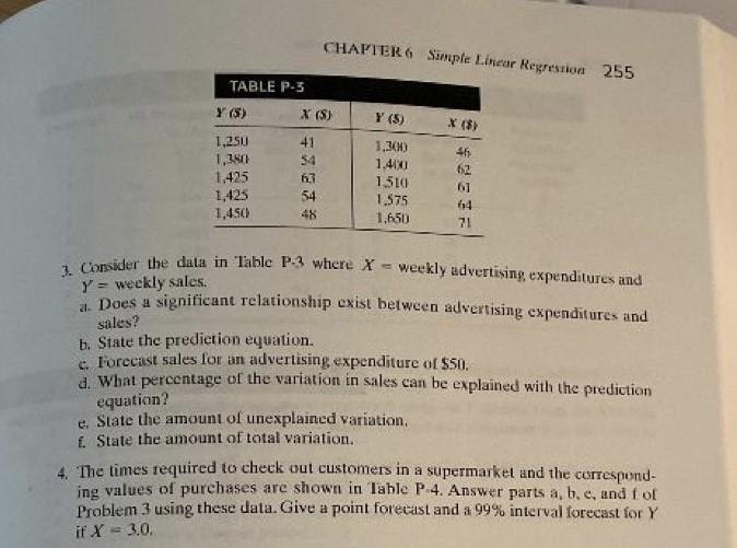 Solved CHAPTER 6 Simple Linear Regression 255 TABLE P-3 y | Chegg.com