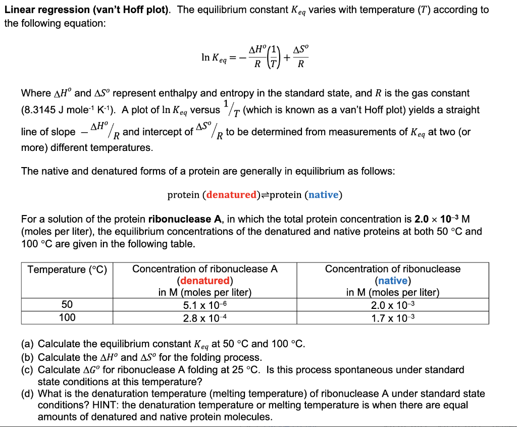 Solved -inear regression (van't Hoff plot). The equilibrium | Chegg.com