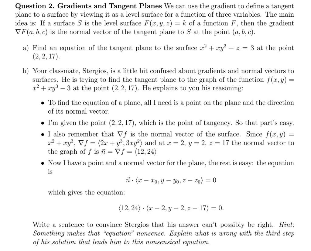 Question 2. Gradients and Tangent Planes We can use | Chegg.com