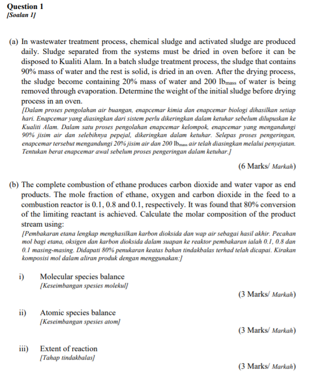 Solved Question 1 Soalan 11 (a) In wastewater treatment | Chegg.com