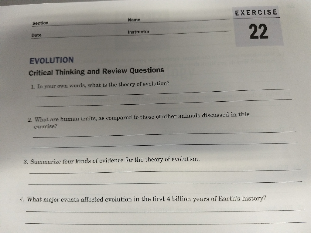 Solved EXERCISE Name Section Instructor 22 Date EVOLUTION | Chegg.com