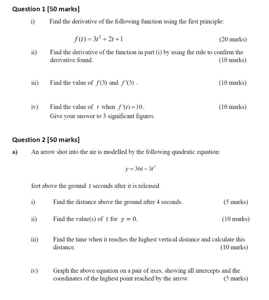 Solved Question 1 [50 marks] i) Find the derivative of the | Chegg.com