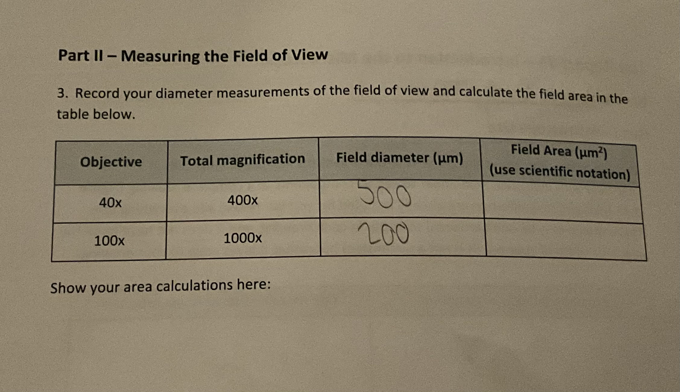 Solved Part II - Measuring the Field of View 3. Record your | Chegg.com