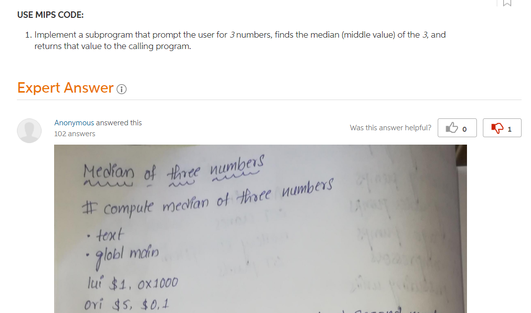 Solved Use Mips Code Implement A Subprogram That Prompt 