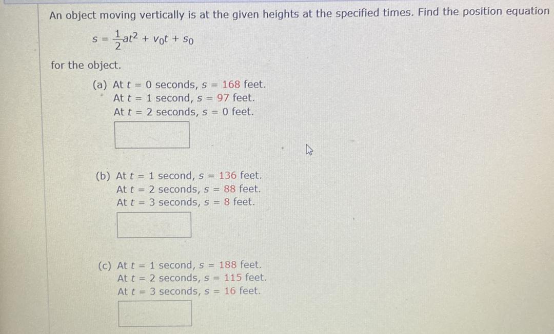 Solved An object moving vertically is at the given heights | Chegg.com