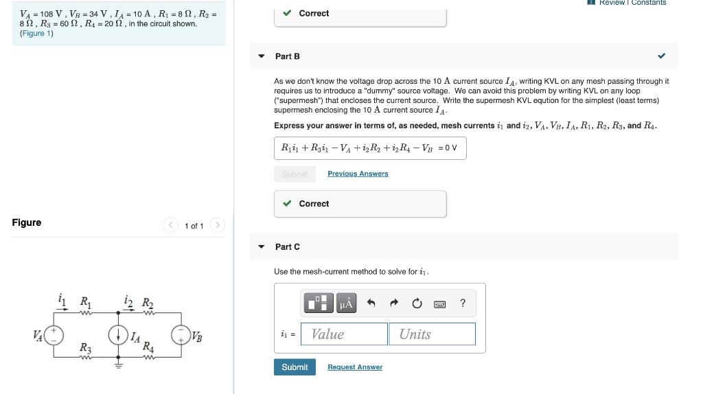 Solved Review Constants Correct VA = 108 V, V8 = 34 V, 1A = | Chegg.com