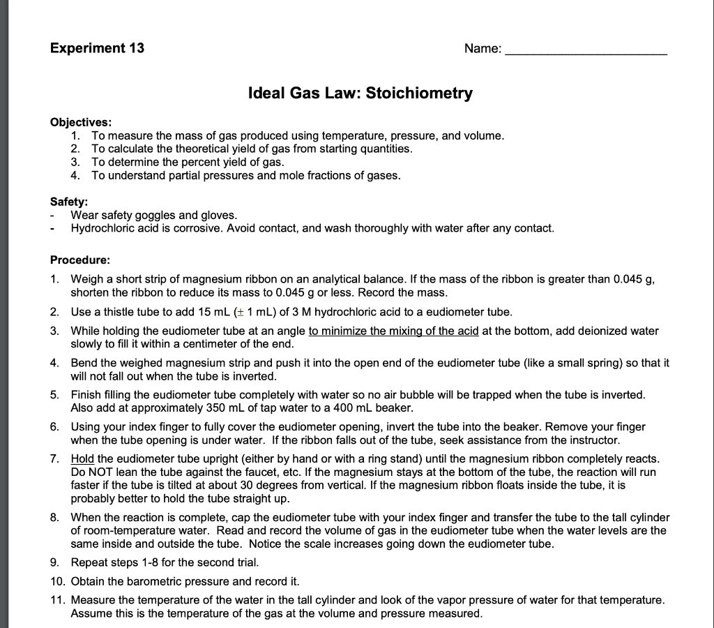 Solved Experiment 13 Name: Ideal Gas Law: Stoichiometry | Chegg.com
