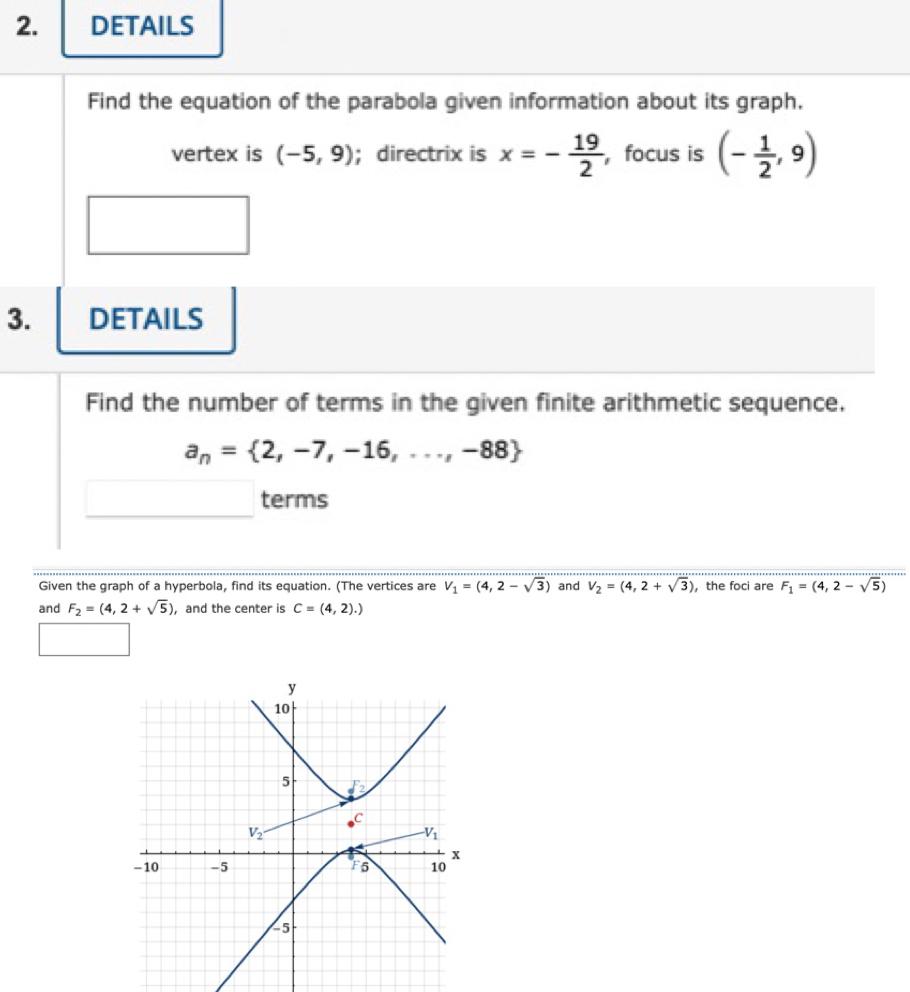 Solved 2. 3. DETAILS Find the equation of the parabola given | Chegg.com