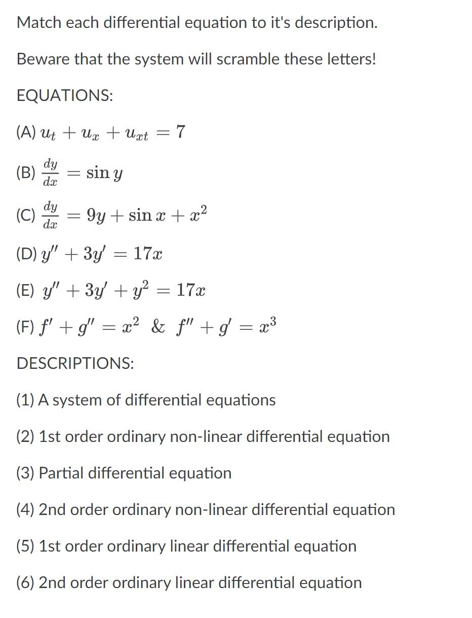 Solved Match each differential equation to it's description. | Chegg.com