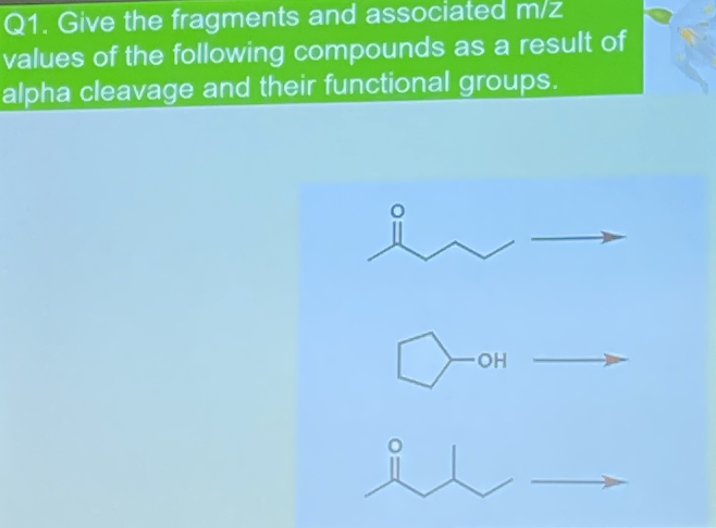 Solved Q1. Give the fragments and associated m/z values of | Chegg.com