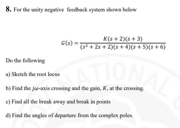 Solved 8. For the unity negative feedback system shown below | Chegg.com