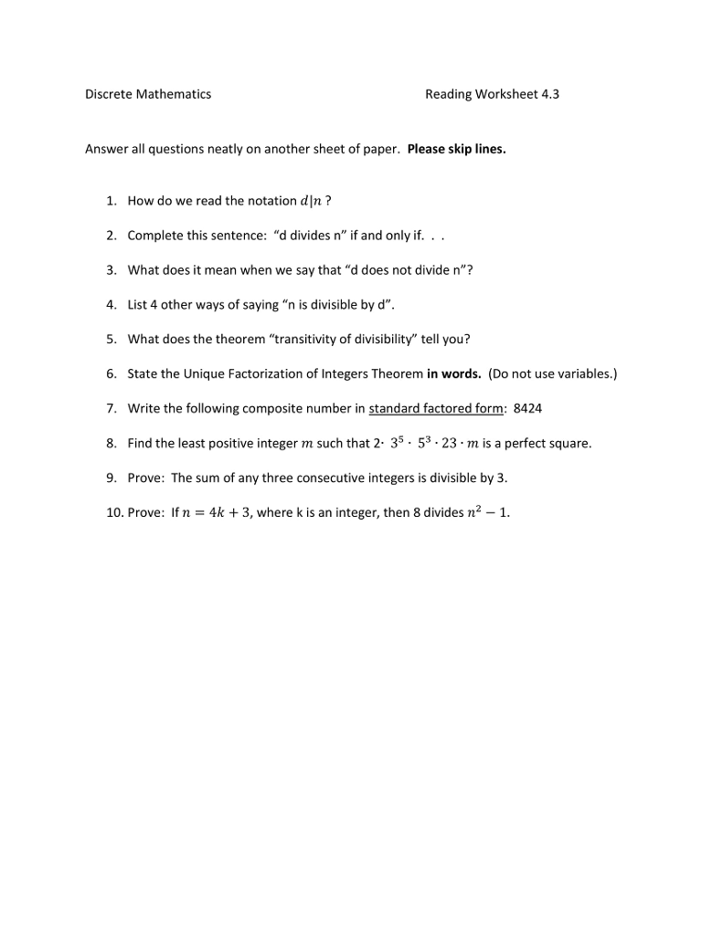 Solved Discrete Mathematics Reading Worksheet 4.3 Answer all | Chegg.com