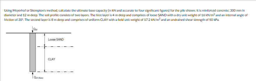 Solved Using Meyerhof or Skempton's method, calculate the | Chegg.com