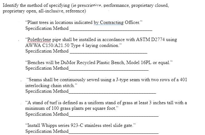 Solved Identify the method of specifying (ie prescriptive | Chegg.com