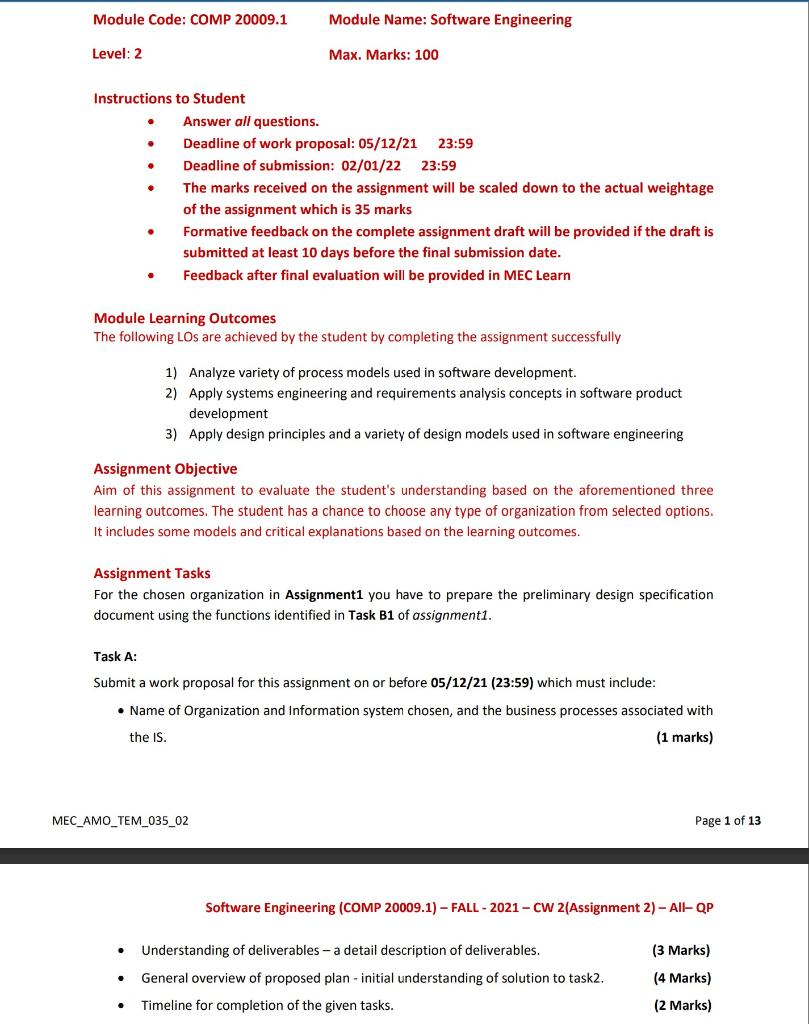 Solved Module Code: COMP 20009.1 Module Name: Software | Chegg.com