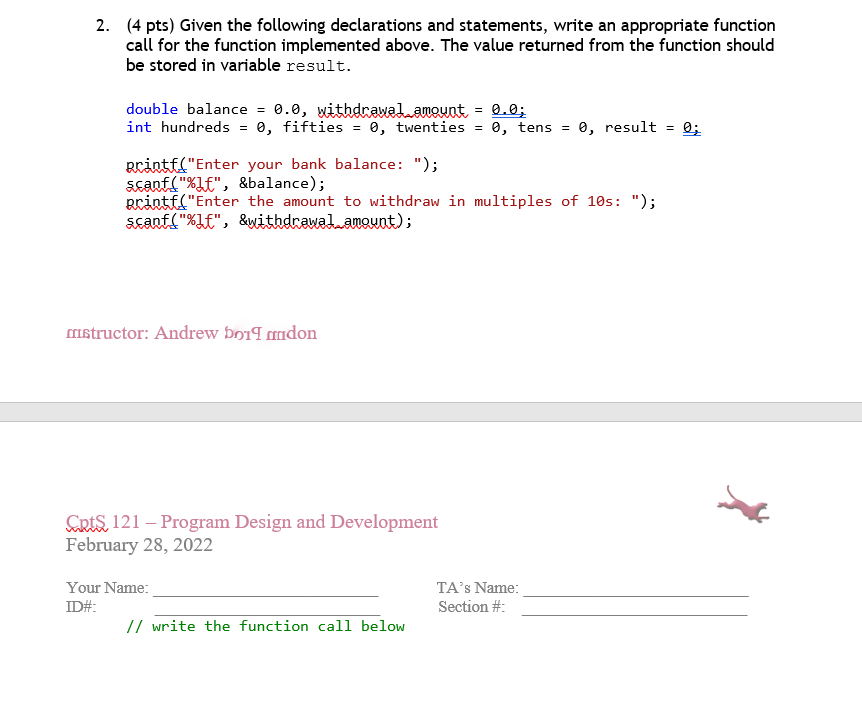 Solved 2. (4 pts) Given the following declarations and | Chegg.com