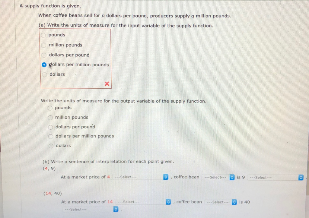 Solved A supply function is given. When coffee beans sell | Chegg.com