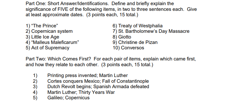 Solved Part One: Short Answer/Identifications. Define and | Chegg.com