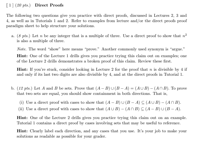 Solved [1] (20 pts.) Direct Proofs The following two | Chegg.com