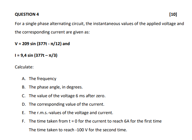 Solved QUESTION 4 [10] For a single phase alternating | Chegg.com