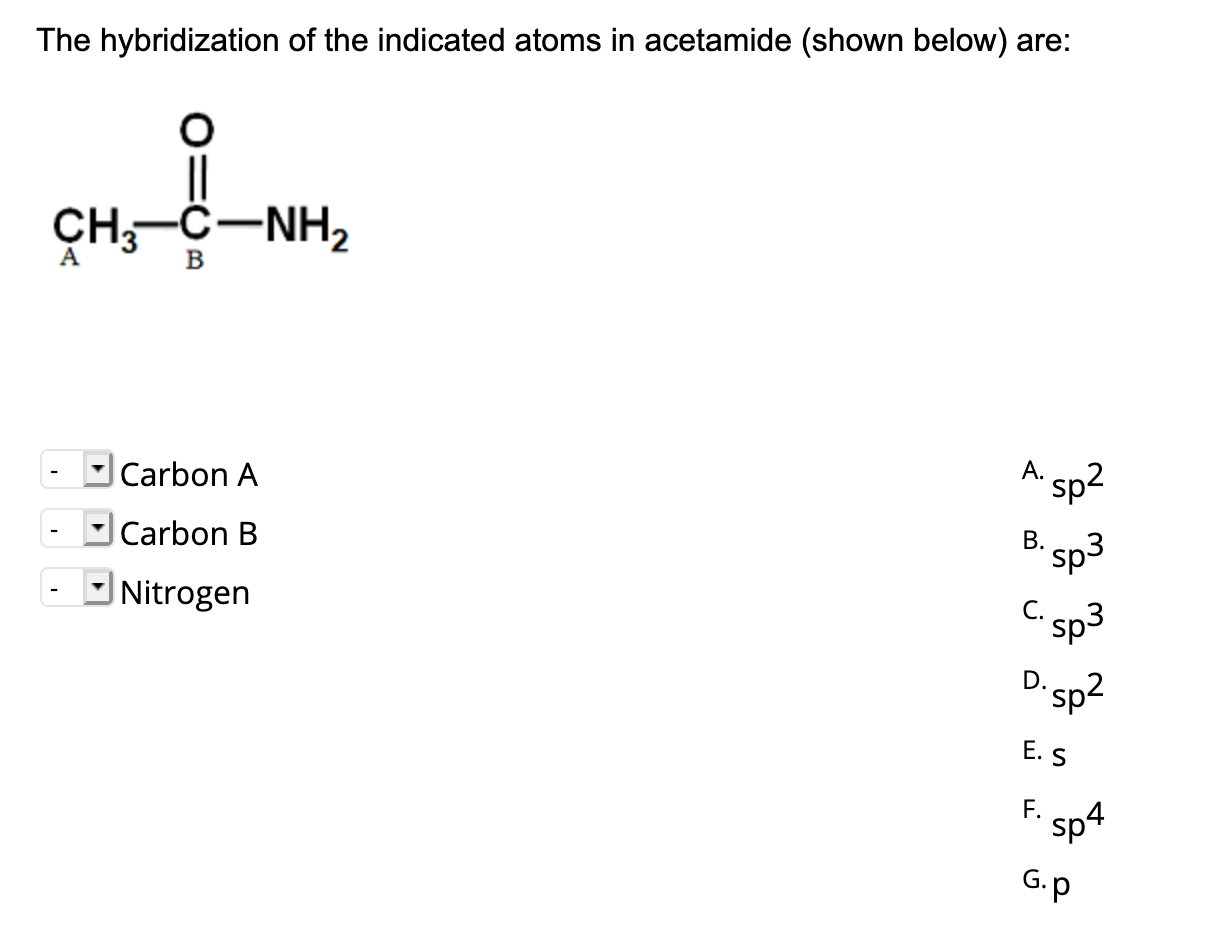 Solved The hybridization of the indicated atoms in acetamide | Chegg.com