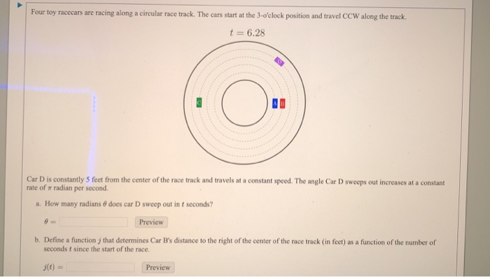 Solved Four toy racecars are racing along a circular race | Chegg.com