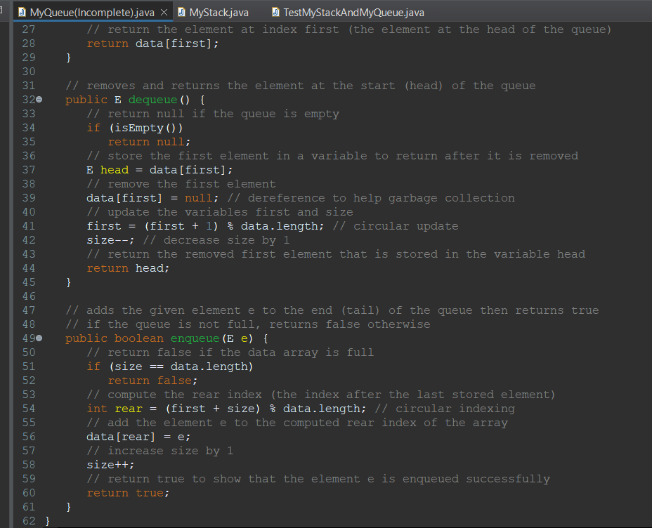 Solved yQueue(Incomplete).java × 』 MyStack.java 』 | Chegg.com