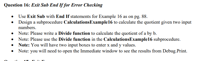 Solved Question 16: Exit Sub End If for Error Checking - Use | Chegg.com