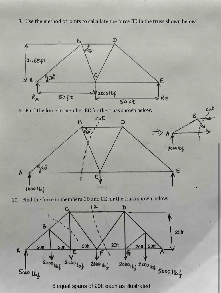 Solved 8. Use the method of joints to calculate the force BD | Chegg.com