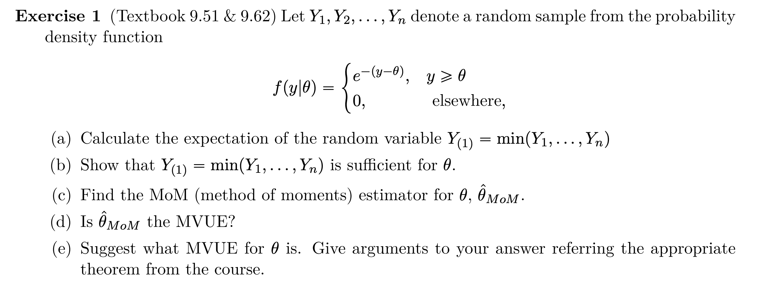 Solved Exercise 1 (Textbook 9.51&9.62 ) Let Y1,Y2,…,Yn | Chegg.com