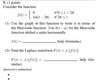 Solved 5. (1 point) Consider the function f(t)={0sin(t−2π) | Chegg.com