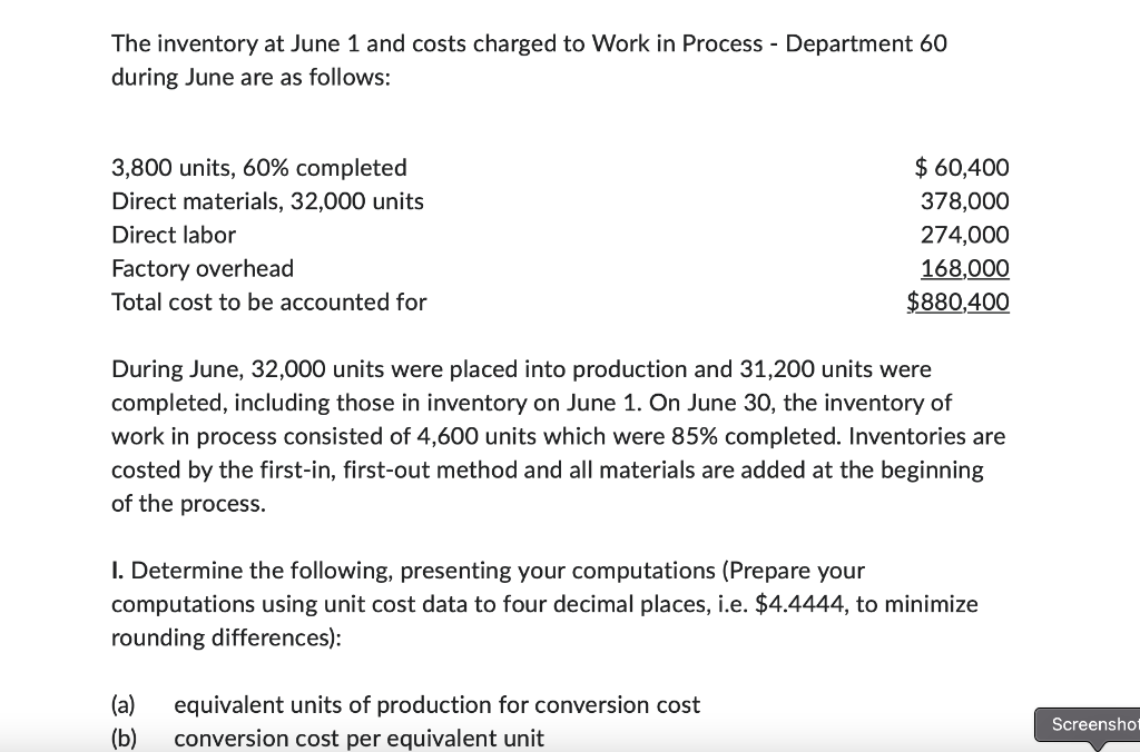Solved The inventory at June 1 and costs charged to Work in | Chegg.com