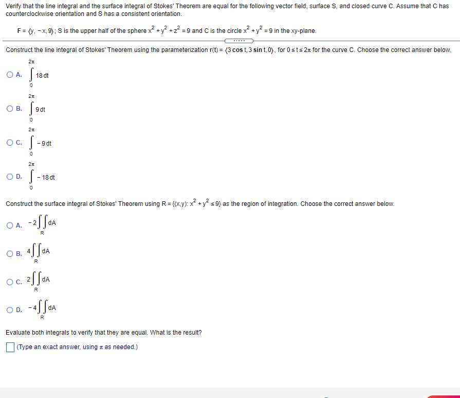Solved Verify that the line integral and the surface | Chegg.com