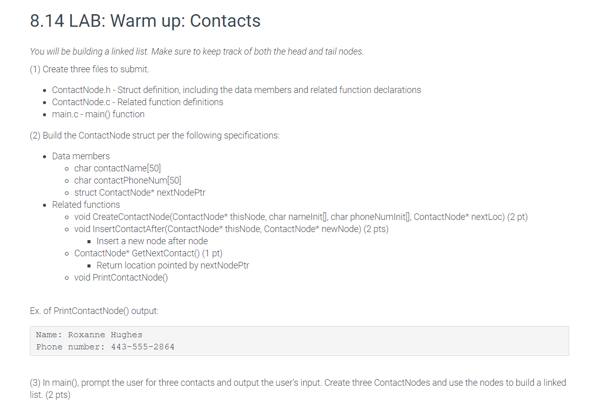 Solved 8.14 LAB: Warm up: Contacts You will be building a | Chegg.com