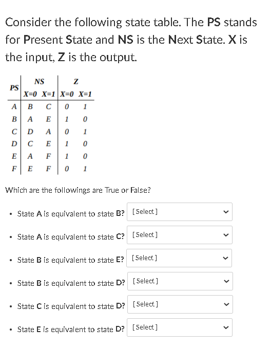 Solved Consider the following state table. The PS stands for | Chegg.com