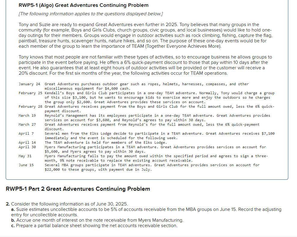 Solved RWP5-1 (Algo) Great Adventures Continuing Problem | Chegg.com