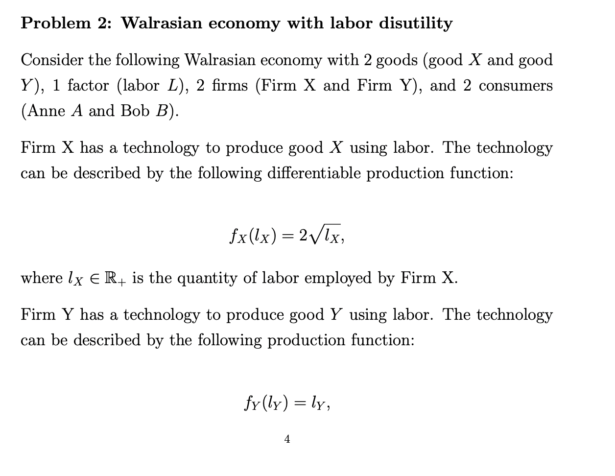 Problem 2: Walrasian economy with labor disutility | Chegg.com