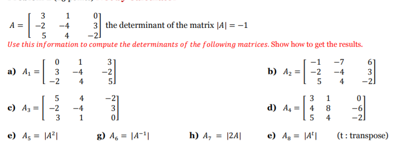 Solved 3 1 A = -2 -4 3 the determinant of the matrix |A| = | Chegg.com