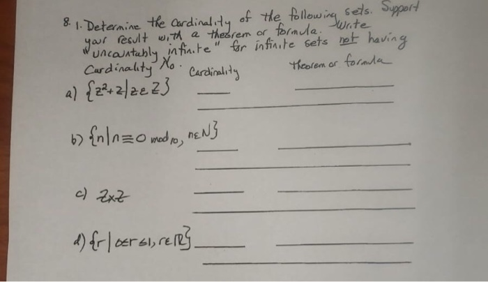 Solved 8. 1. Determine the cardinality of the following | Chegg.com