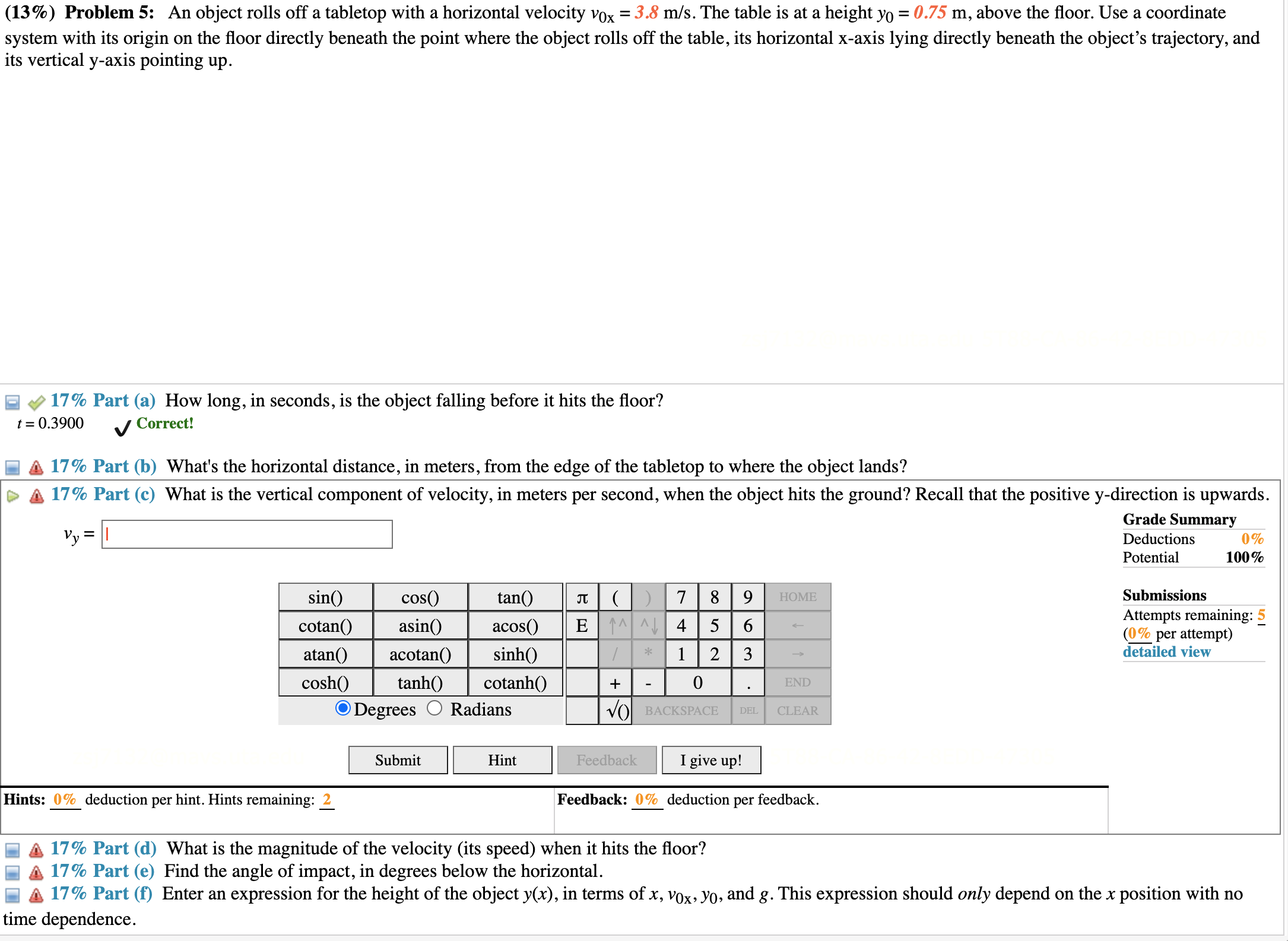 Solved (13\%) Problem 5: An object rolls off a tabletop with | Chegg.com