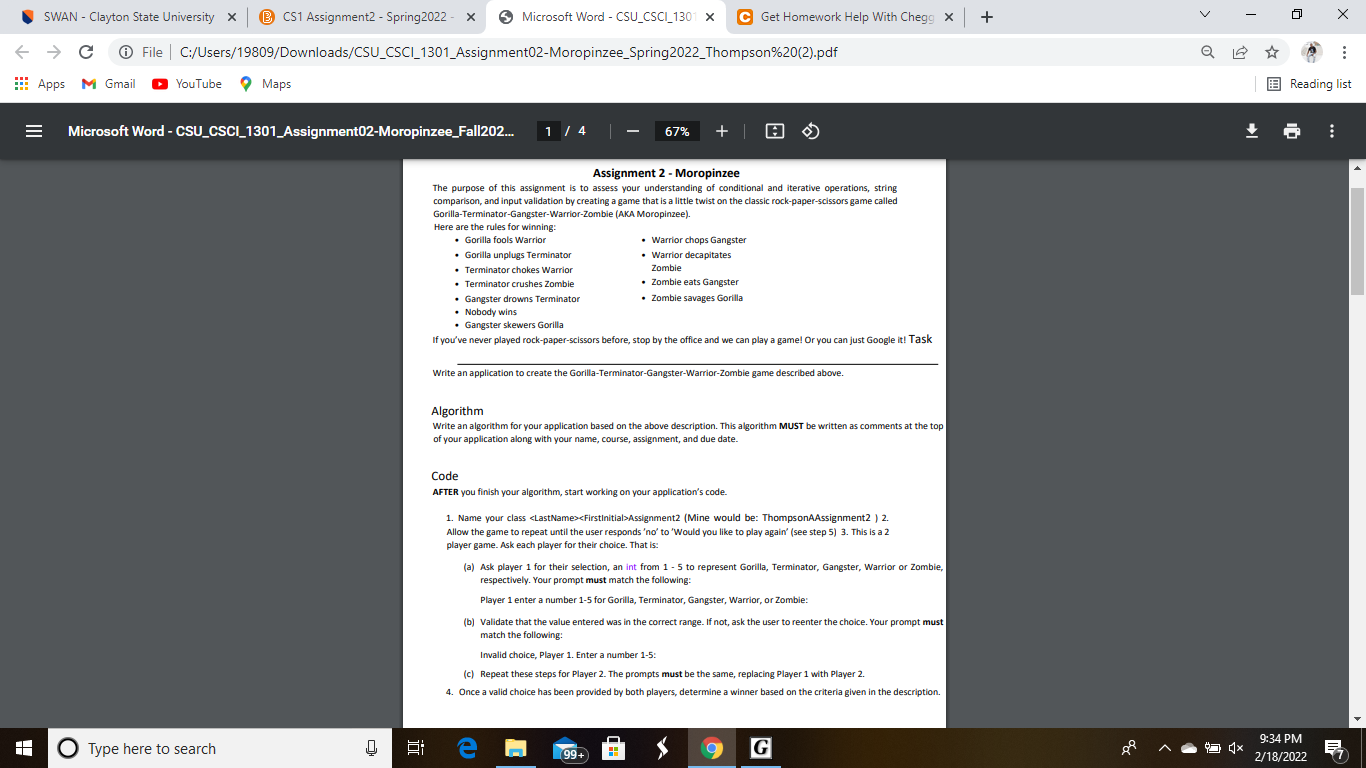 Solved + o Х SWAN - Clayton State University | Cs1 | Chegg.com